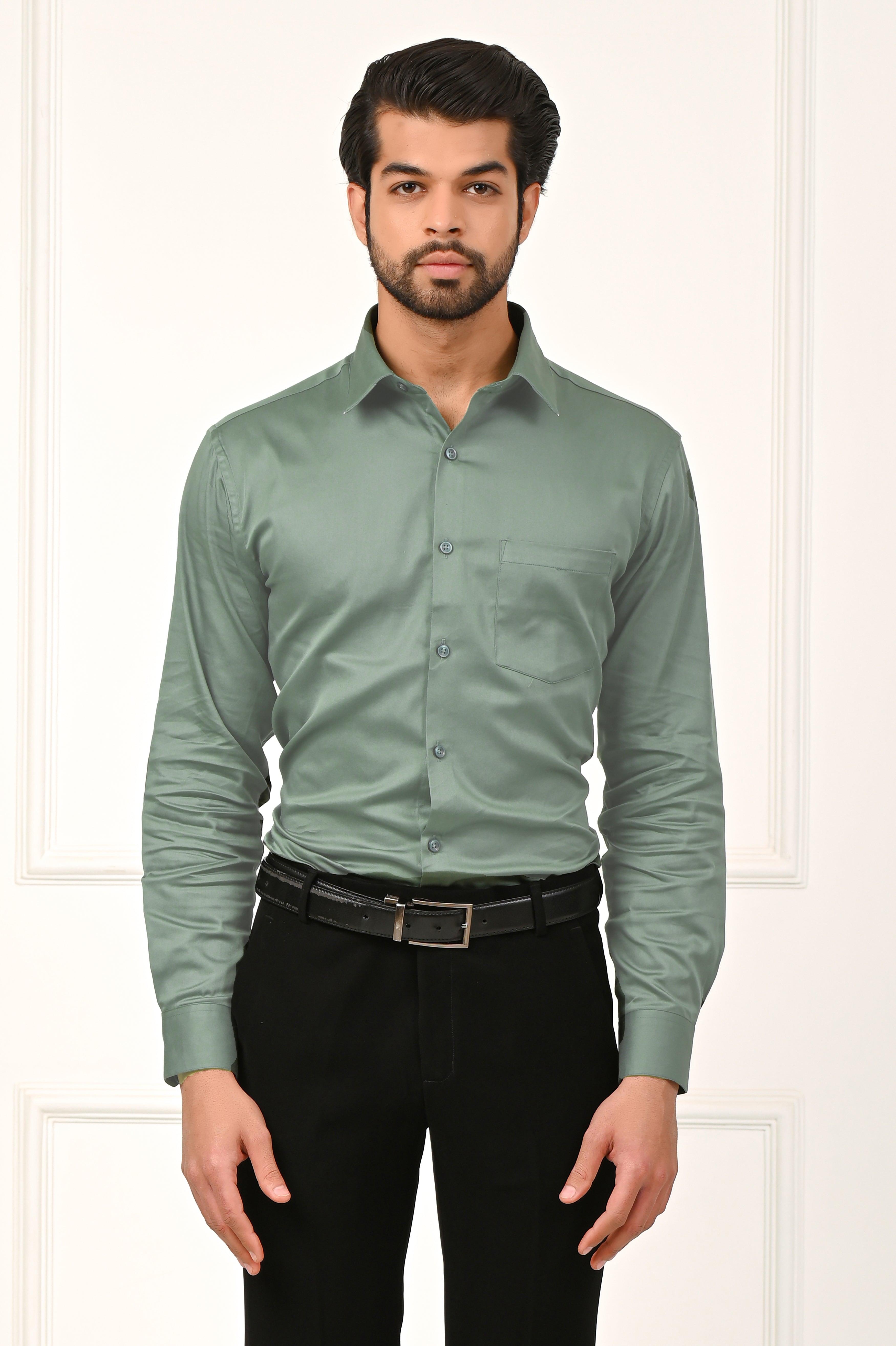 Olive Semi Formal Giza Cotton Men Shirt Amogue