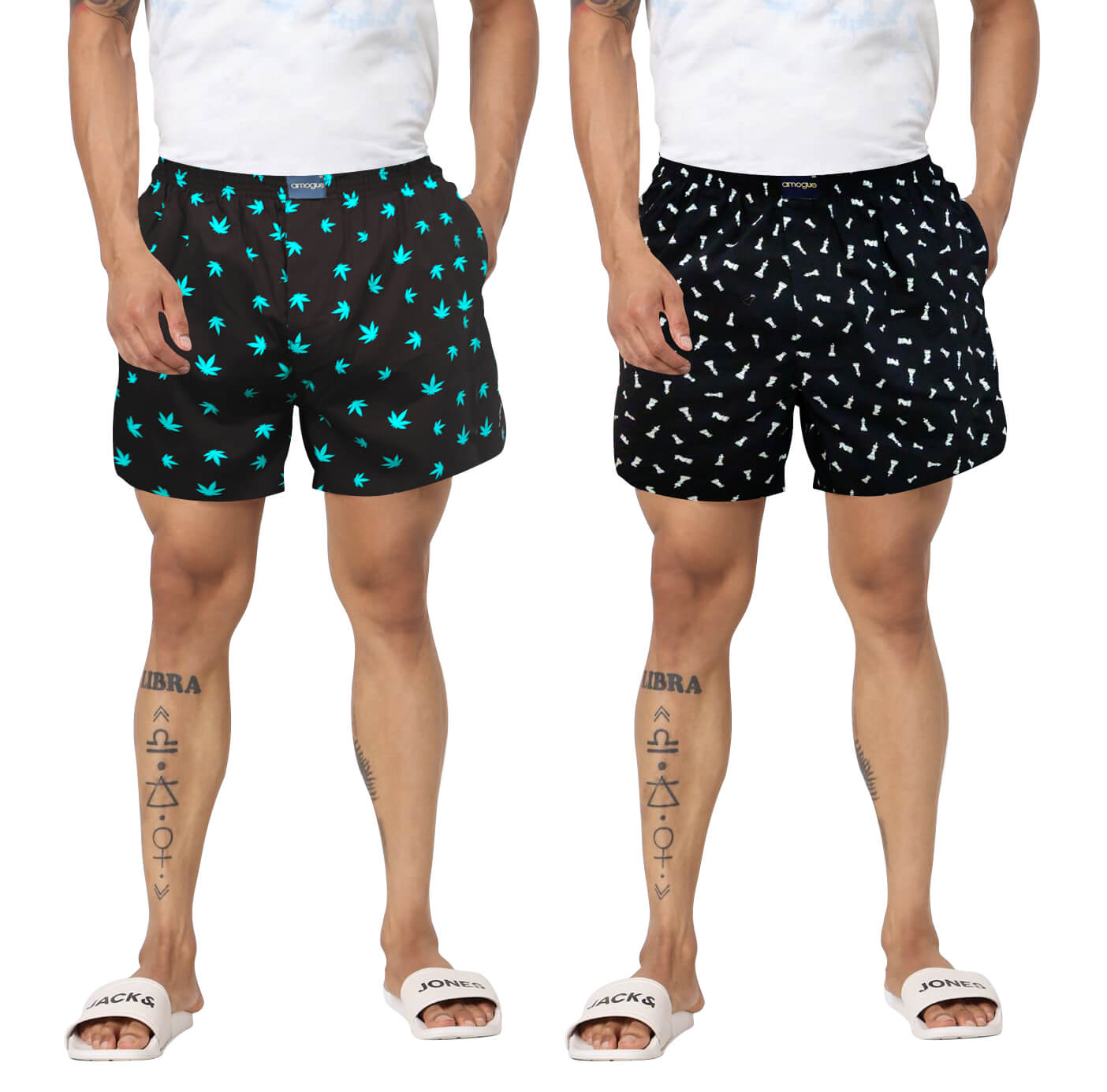 Black Plant & Black Chess Printed Cotton Boxers For Men | Amogue