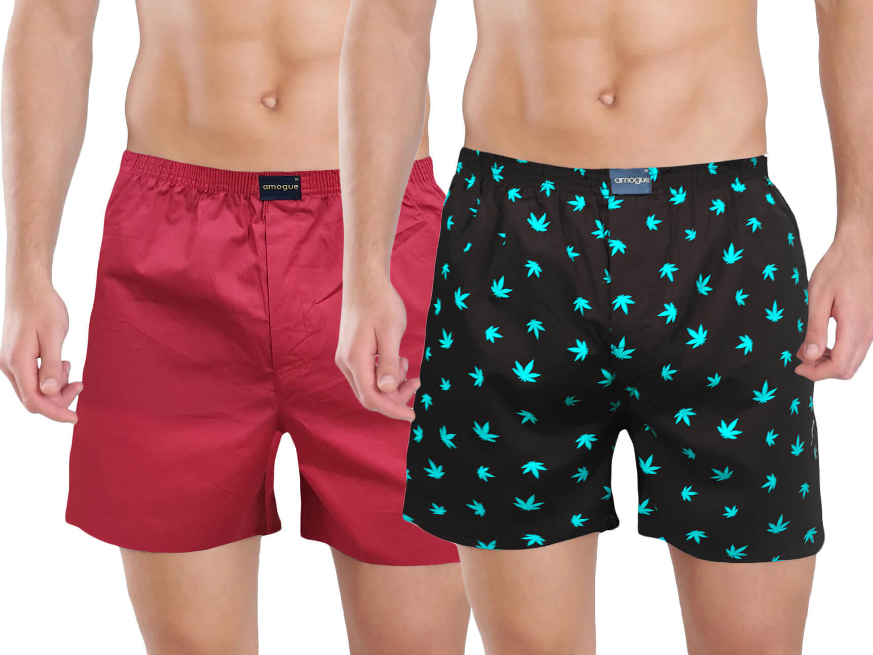 Red Solid & Black Plant Printed Cotton Boxers For Men | Amogue