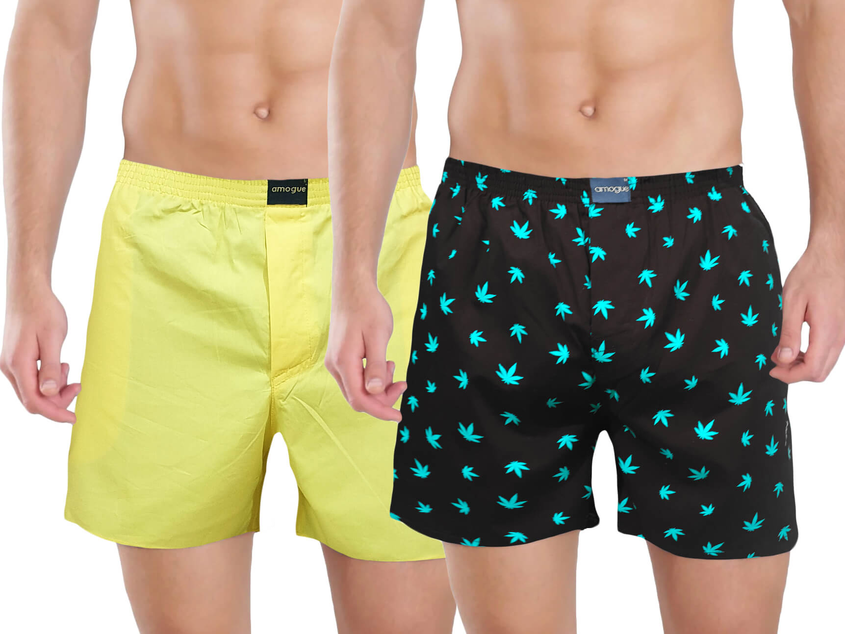 Yellow & Black Plant Printed Cotton Boxers For Men | Amogue